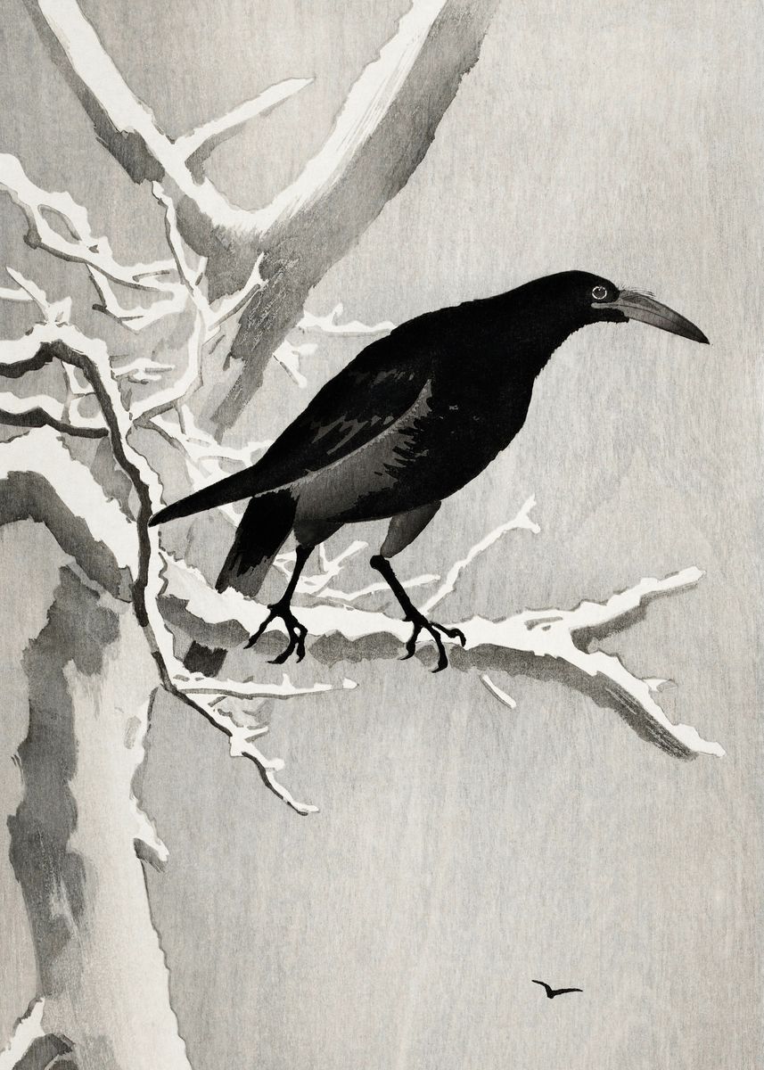 'Crow on tree woodblock art' Poster by Makanaki | Displate