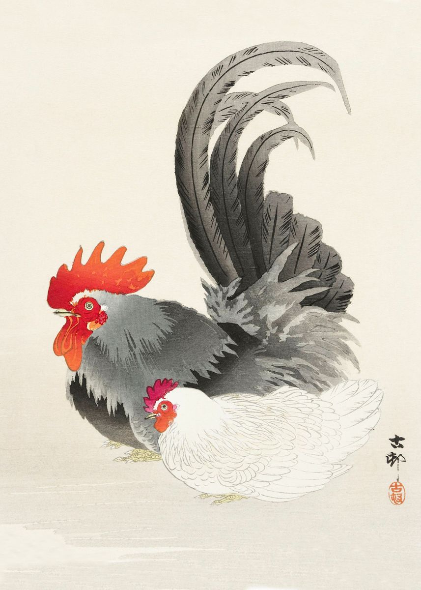 'Rooster and hen woodblock' Poster by Makanaki | Displate
