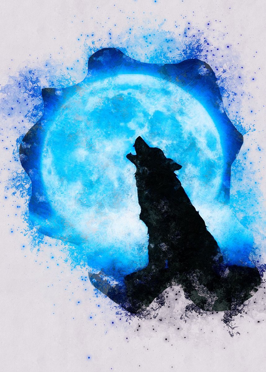'blue moon and wolf' Poster, picture, metal print, paint by ...