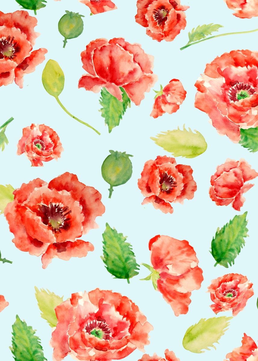 'Blue Poppy Pattern 01' Poster by Aloke Design | Displate