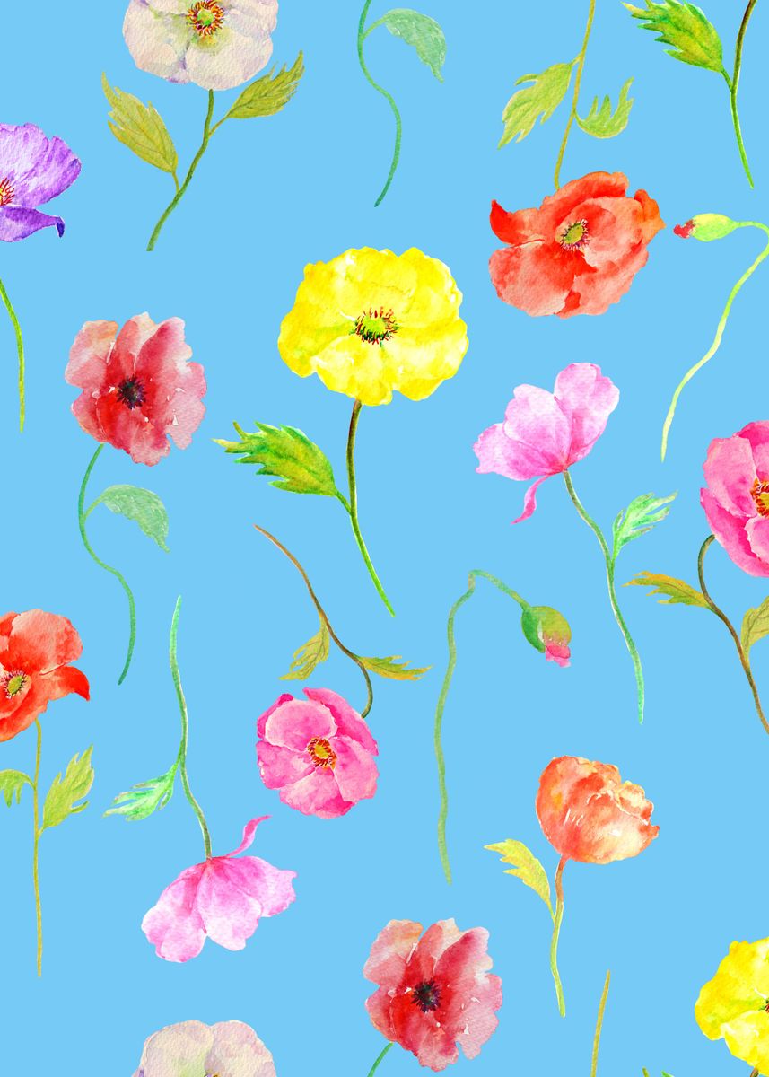 'Blue Poppy Pattern 04' Poster by Aloke Design | Displate