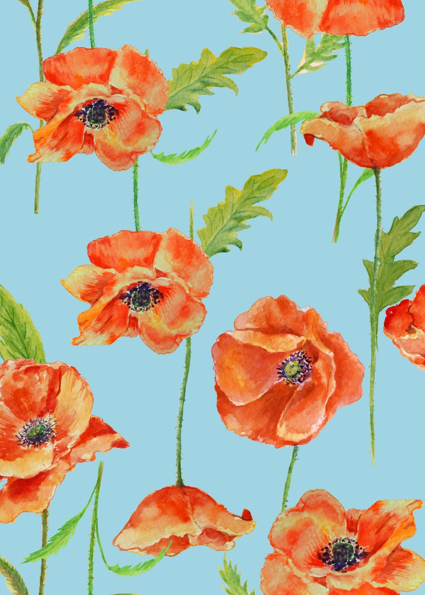 'Blue Poppy Pattern 07' Poster by Aloke Design | Displate