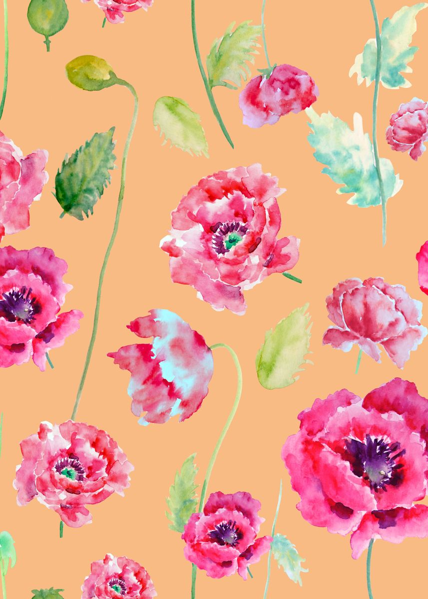 'Orange Poppy Pattern 02' Poster, picture, metal print, paint by Aloke ...
