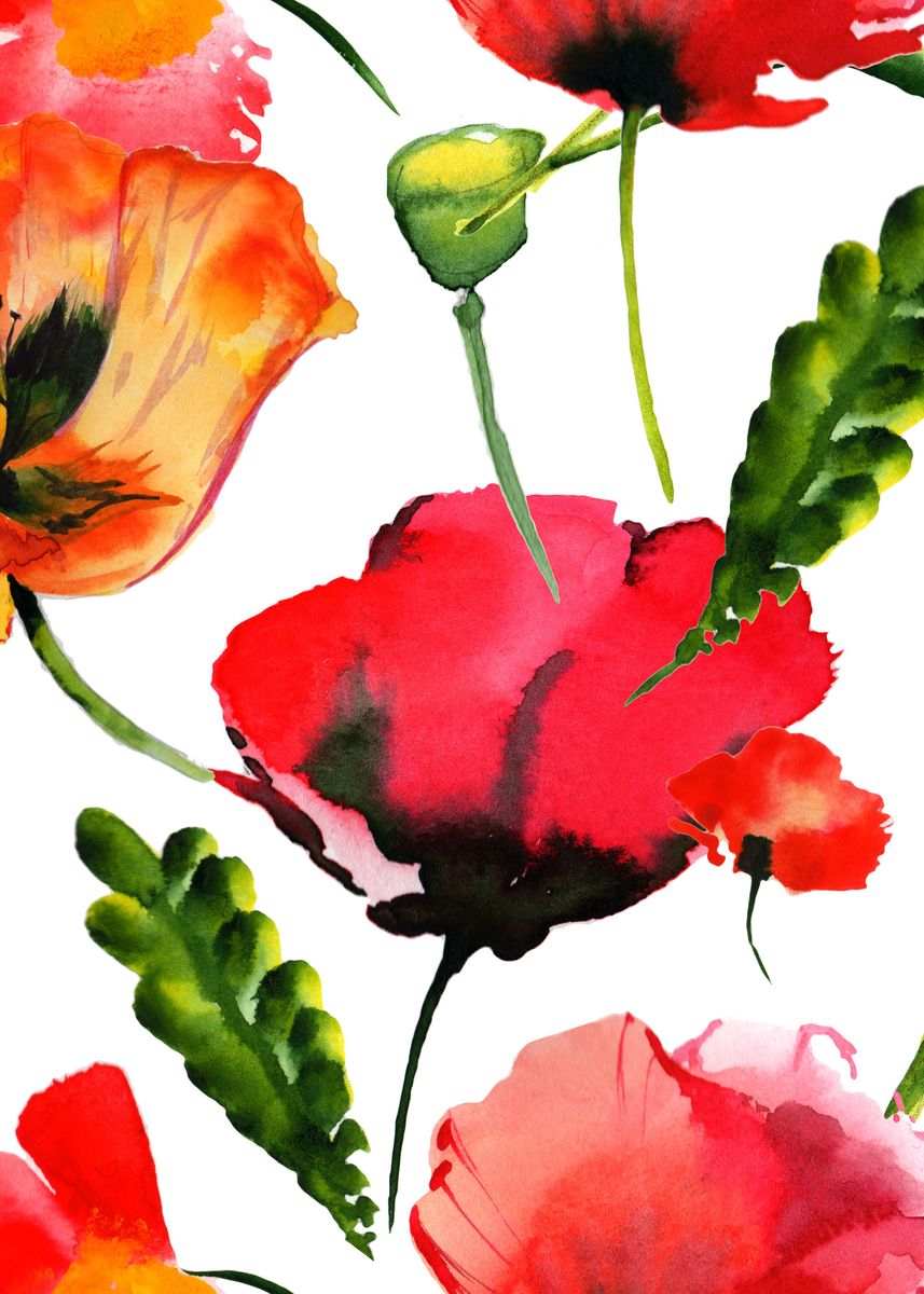 'Red Poppy Pattern 03' Poster, picture, metal print, paint by Aloke ...