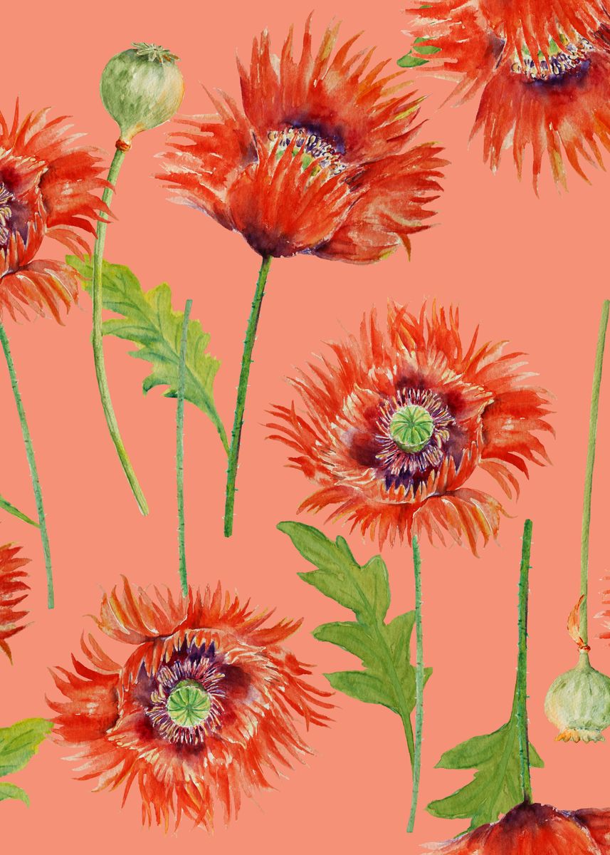 'Orange Poppy Pattern 01' Poster, picture, metal print, paint by Aloke ...