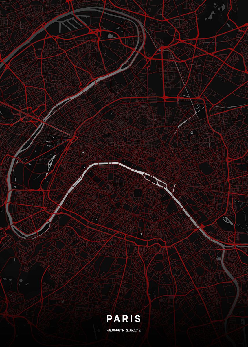 'Paris Red City Map' Poster, picture, metal print, paint by M | Displate