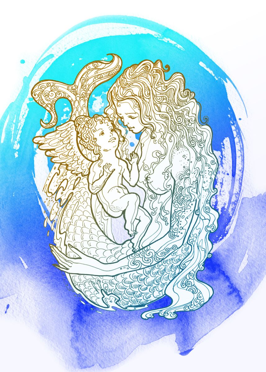 'Mermaid and Angel Blue Sea' Poster, picture, metal print, paint by ...