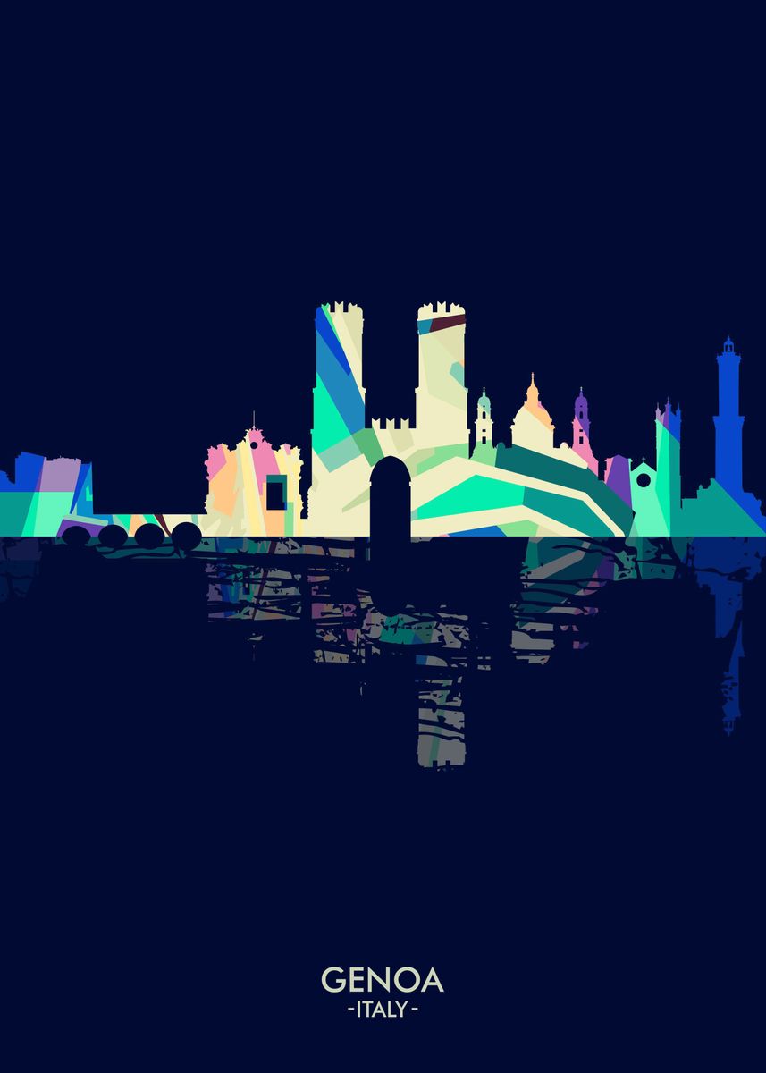'Genoa Skyline Blue Dark' Poster, picture, metal print, paint by Ziartz ...