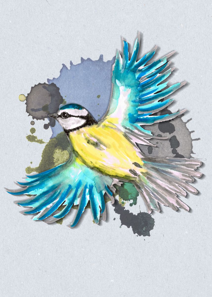 ' Flying Blue Tit' Poster, picture, metal print, paint by Bianca ...