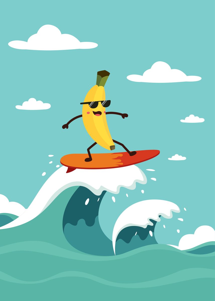 'Banana Surfing' Poster by Yellowline | Displate
