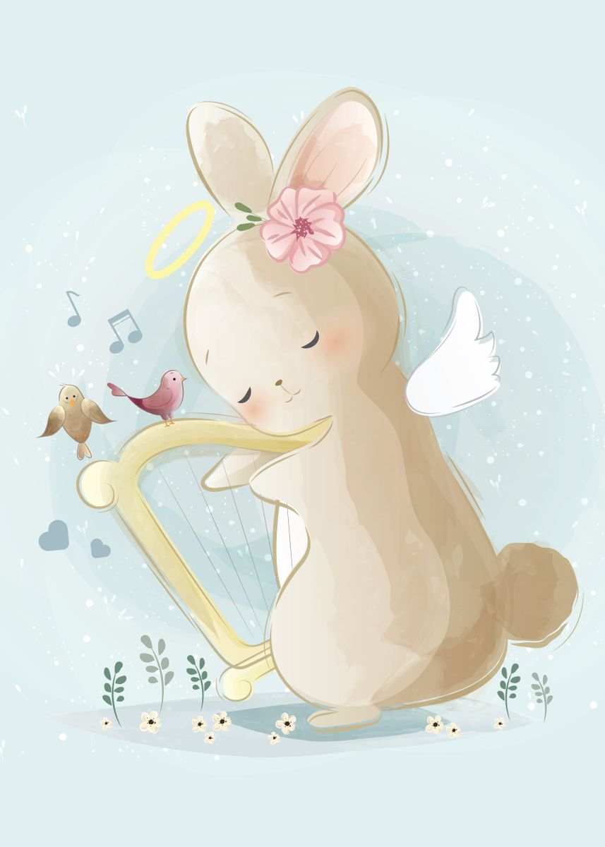 ' bunny playing harp' Poster, picture, metal print, paint by Queensy ...