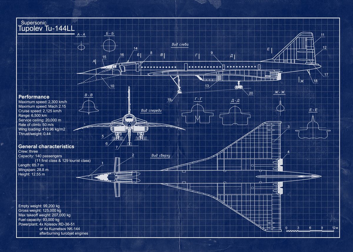 'Tupolev TU 144 blueprint' Poster by Melvin Campos Casares | Displate