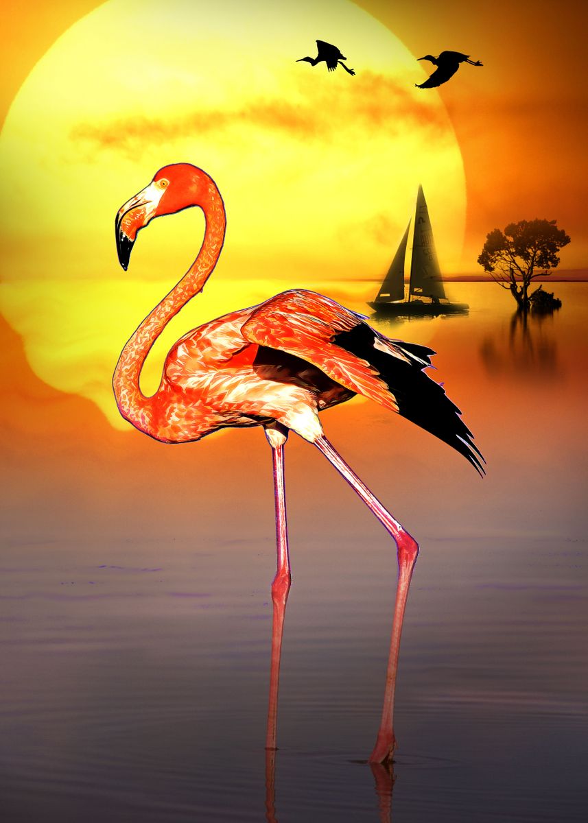 'Painted Red Flamingo Sun' Poster, picture, metal print, paint by Rozi ...