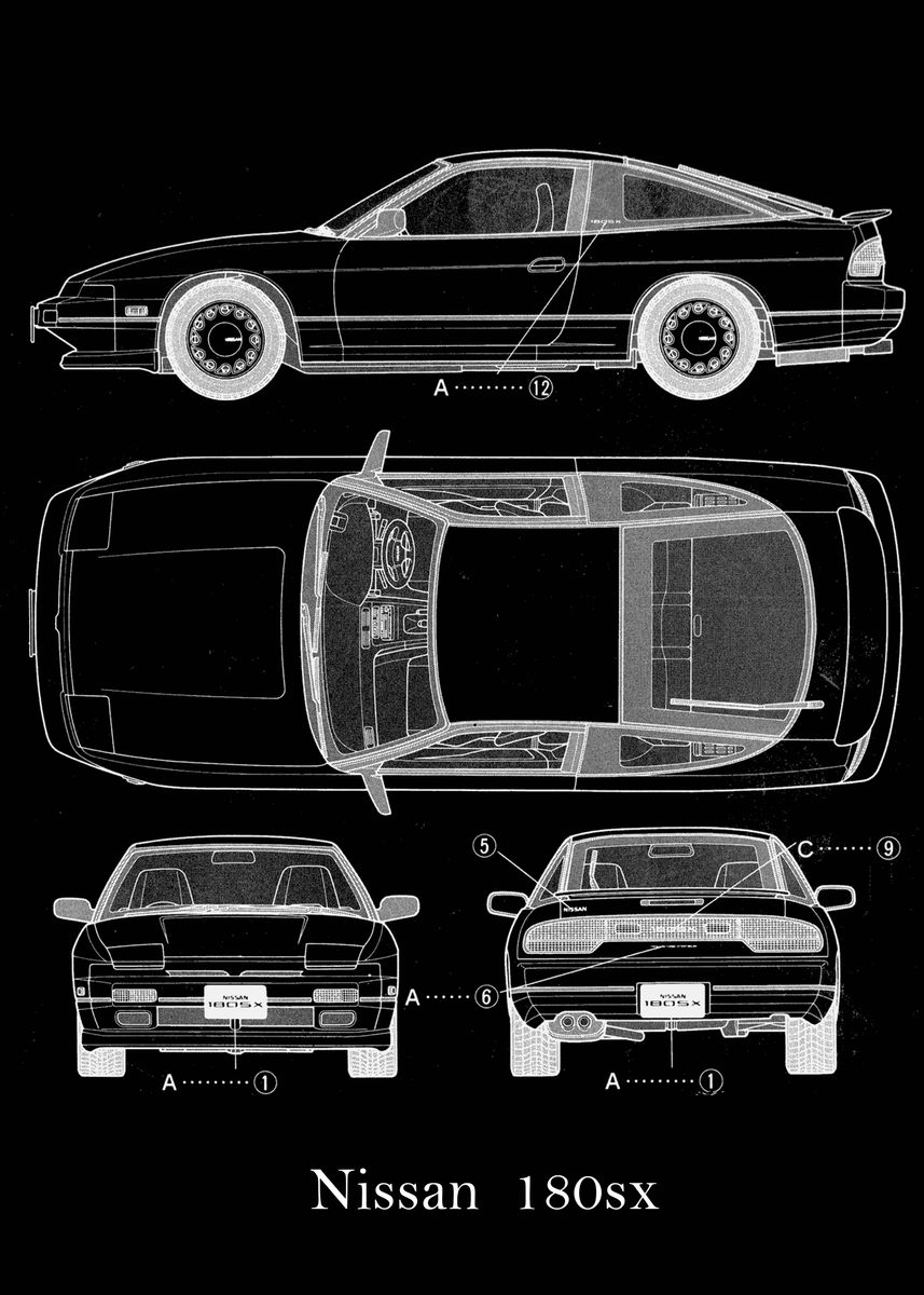 'Nissan 180sx' Poster, picture, metal print, paint by B & W Arts | Displate