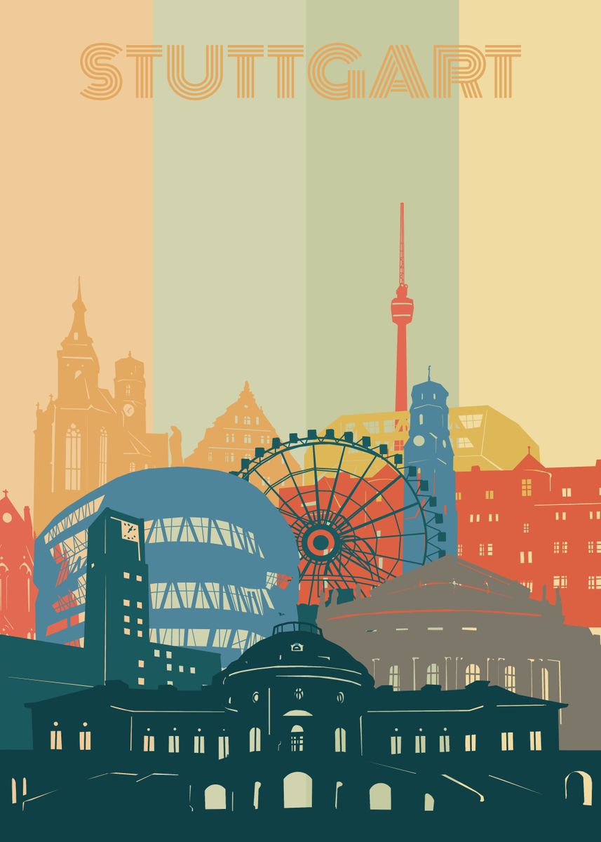 'stuttgart city retro' Poster, picture, metal print, paint by Bekim Art ...