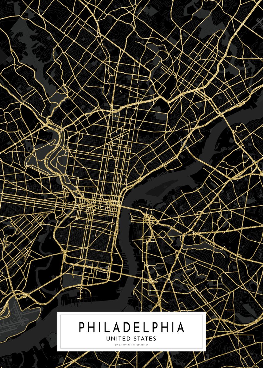 'Philadelphia Gold City Map' Poster, picture, metal print, paint by ...