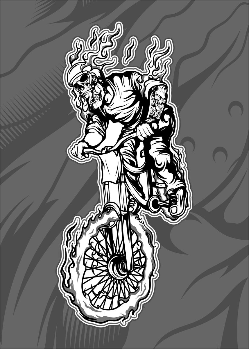'skull riding a bicycle ' Poster, picture, metal print, paint by ...