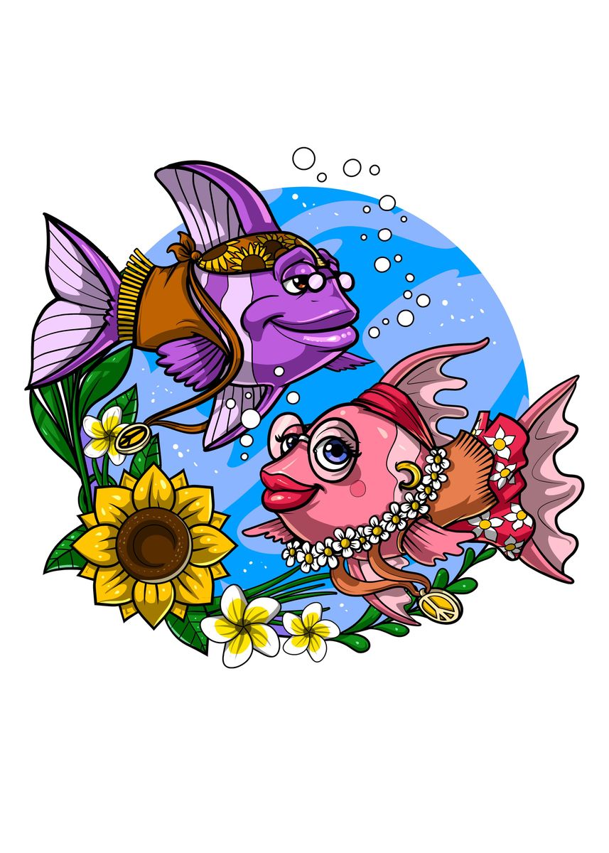 'Hippie Floral Fish Couple' Poster, picture, metal print, paint by ...