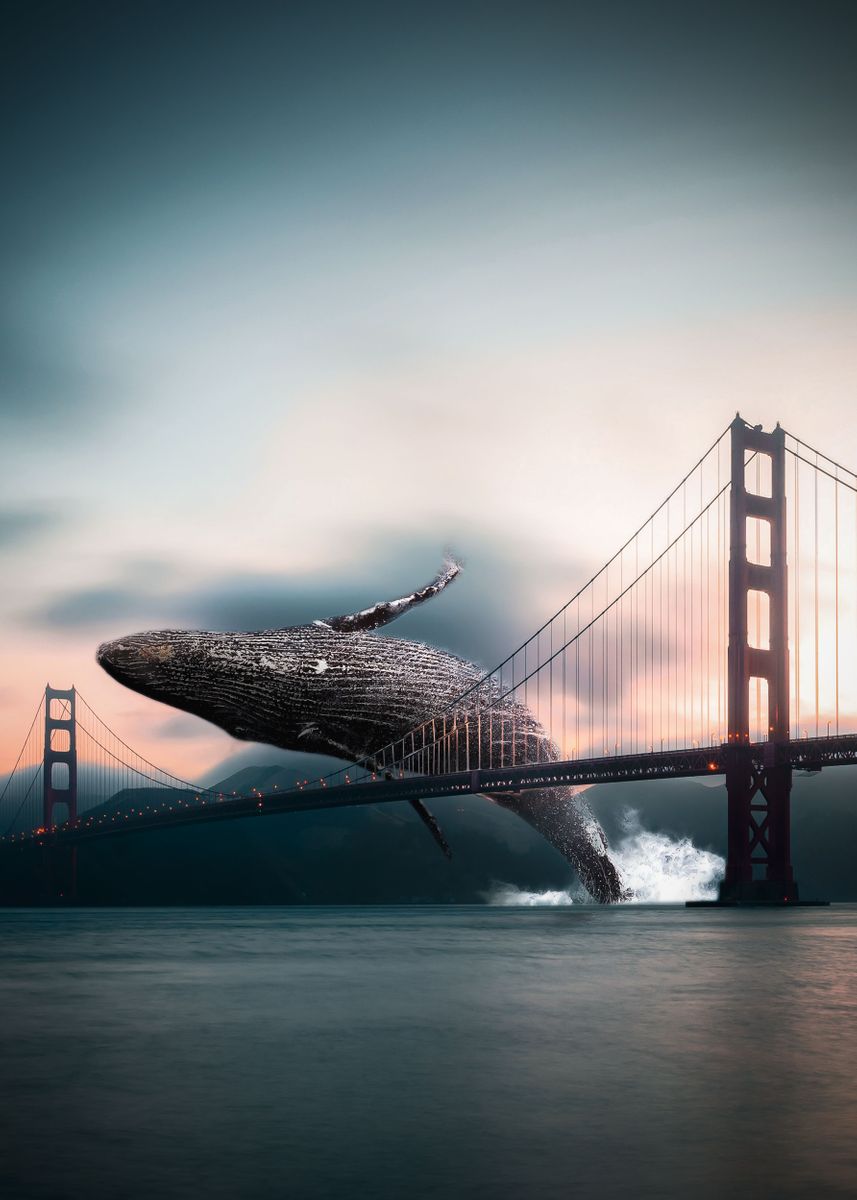'Whale Jumping over bridge' Poster, picture, metal print, paint by ...