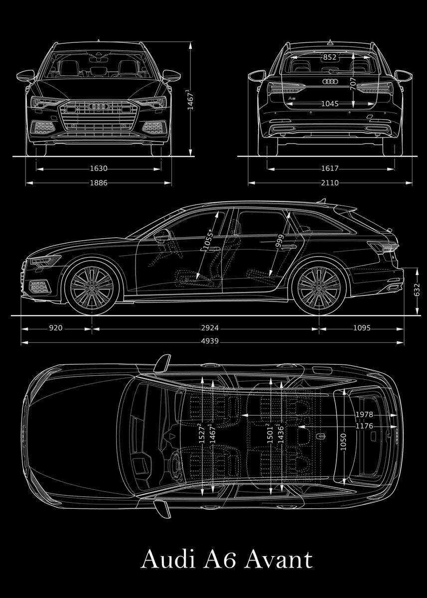 'Audi A6 Avant Blueprint' Poster, picture, metal print, paint by B & W ...