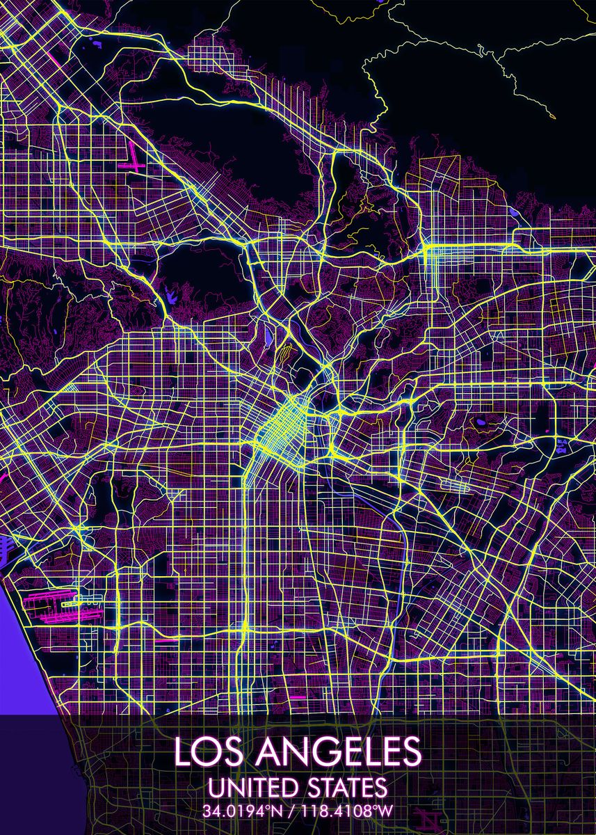 'Los Angeles Cyberpunk Map' Poster, picture, metal print, paint by ...