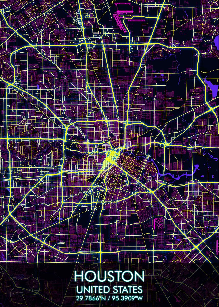 'Houston Cyberpunk City Map' Poster, picture, metal print, paint by ...
