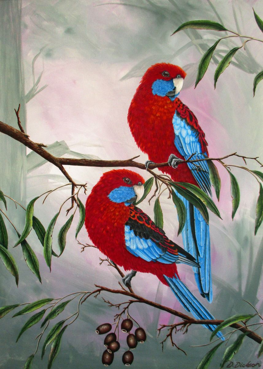 'Rosellas' Poster, picture, metal print, paint by Debra Dickson | Displate