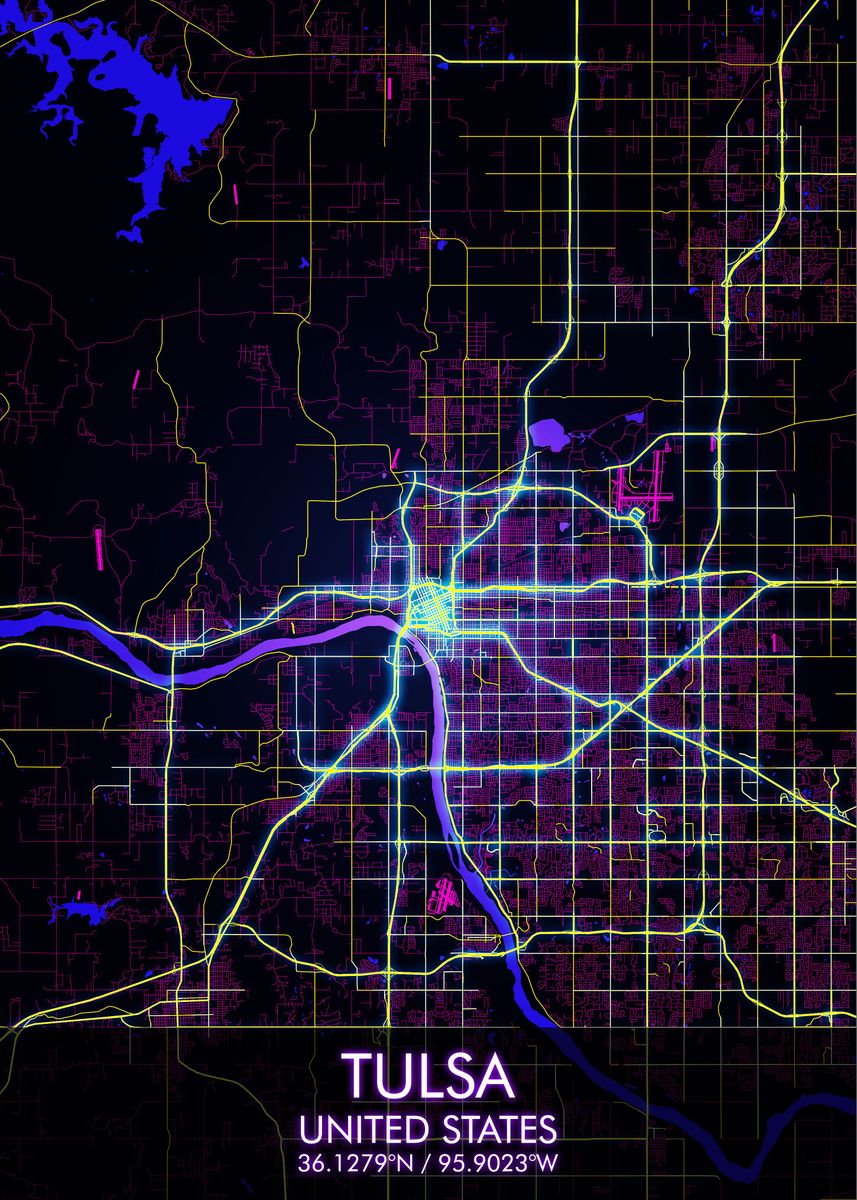 'Tulsa City Map Night' Poster, picture, metal print, paint by Artcom ...