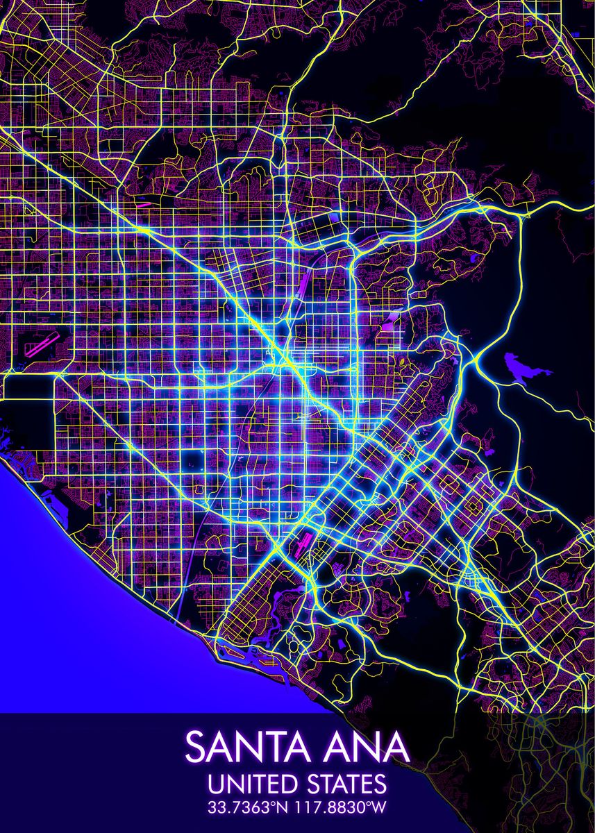 'Santa Ana Night City Map' Poster by Artcom Atudio | Displate