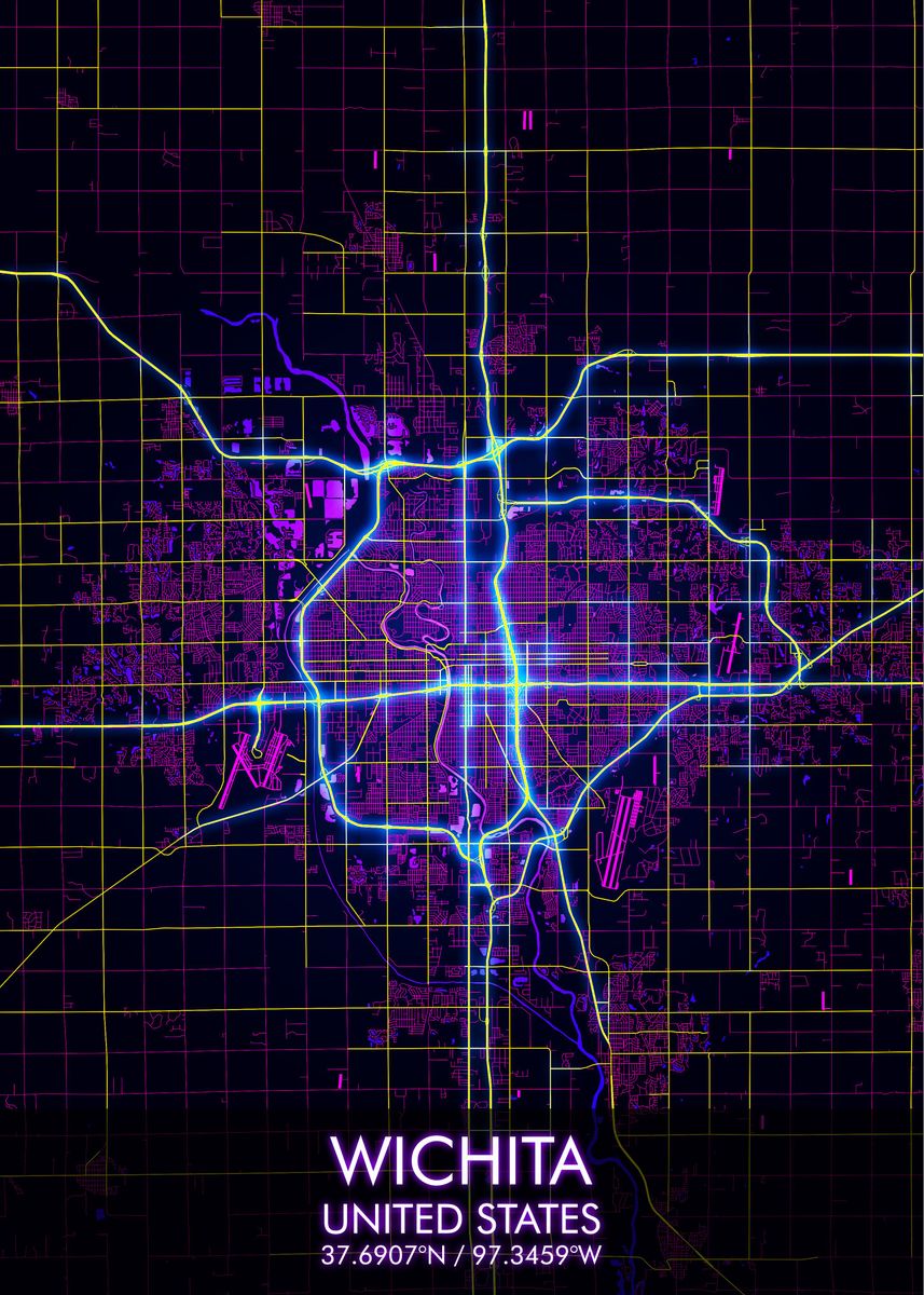 'Wichita Night City Map' Poster by Artcom Atudio | Displate