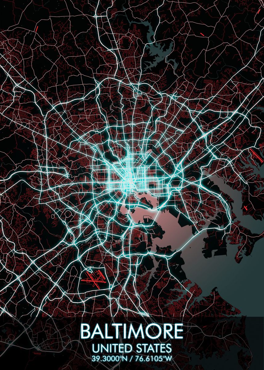 'Baltimore Night City Map' Poster, picture, metal print, paint by ...