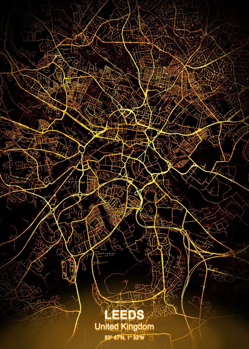 'leeds city night map' Poster, picture, metal print, paint by Project X ...