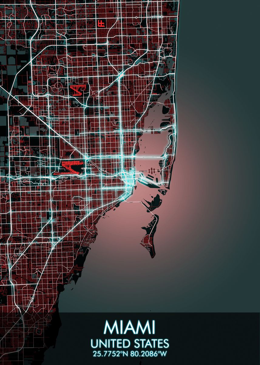 'MIAMI City Map' Poster, picture, metal print, paint by cuplizx | Displate
