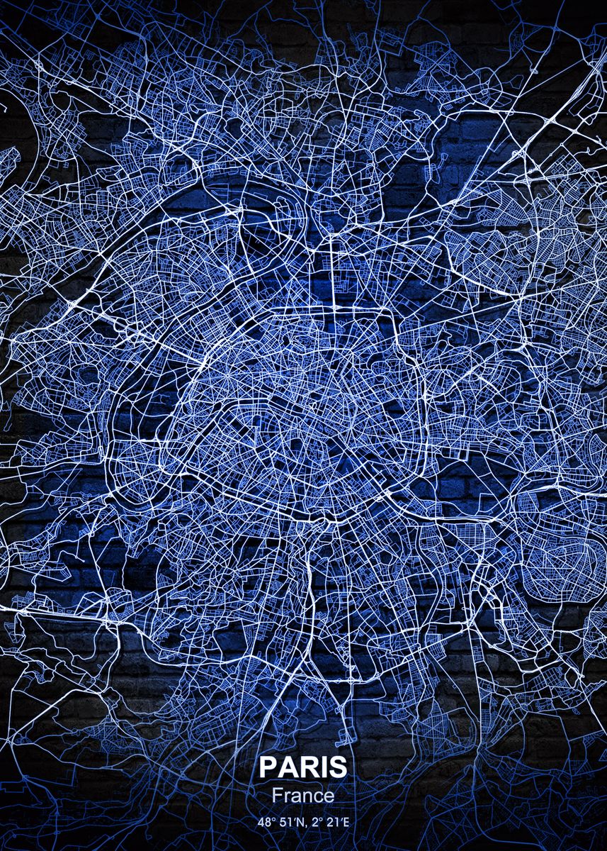 'paris blue city map' Poster, picture, metal print, paint by Project X ...