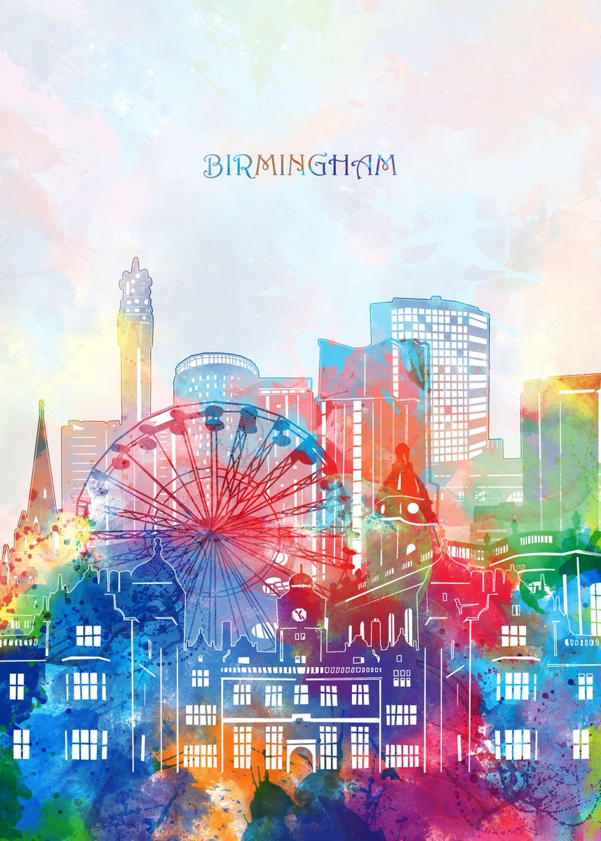 'birmingham cityscape color' Poster, picture, metal print, paint by ...