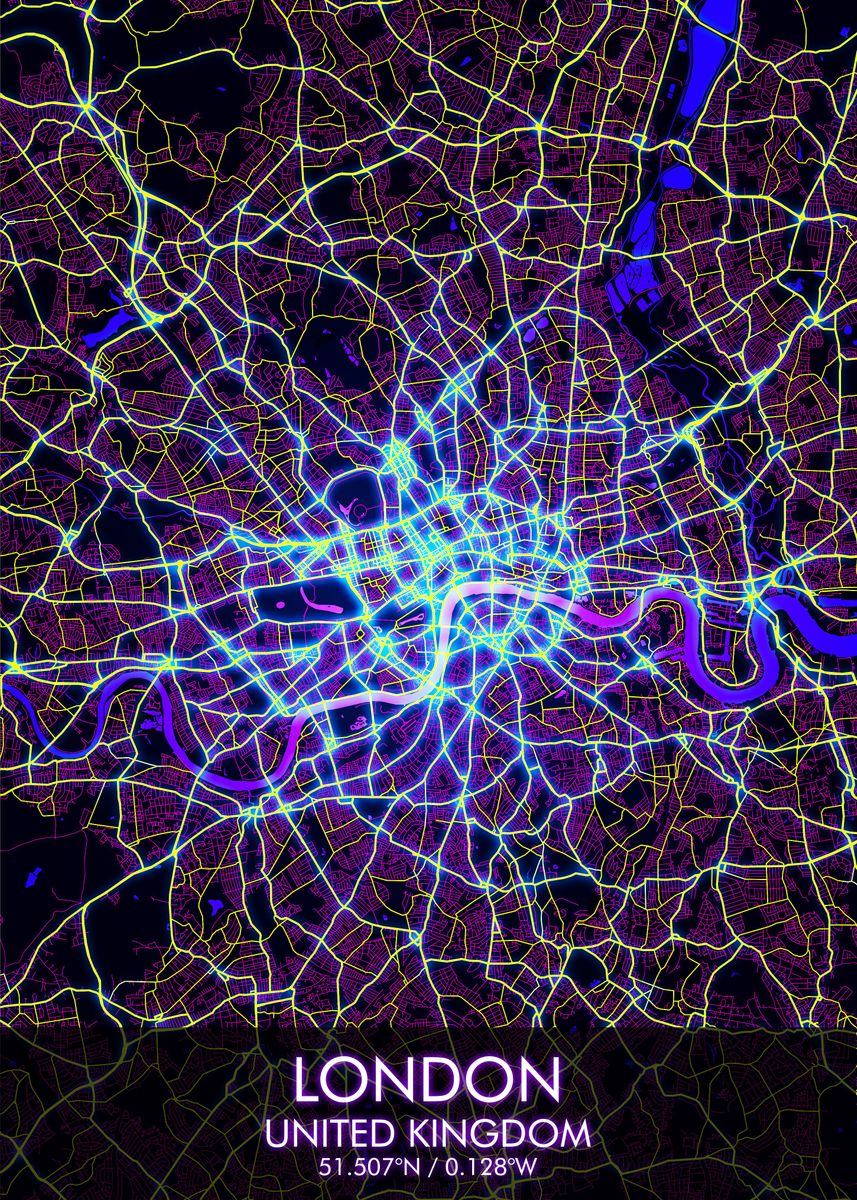 'LONDON Night City Map' Poster, picture, metal print, paint by Artcom ...