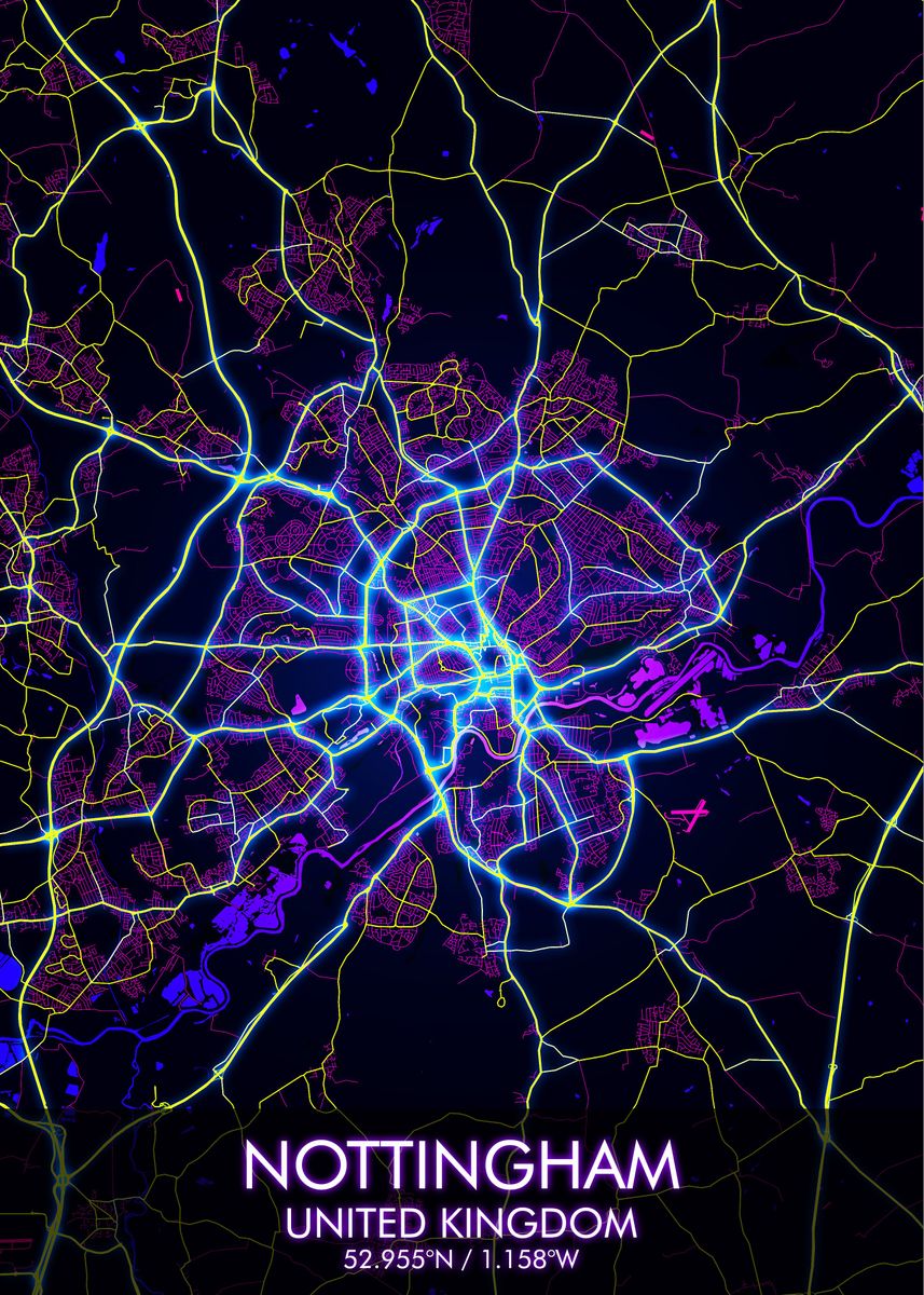 'Nottingham Night City Map' Poster, picture, metal print, paint by ...