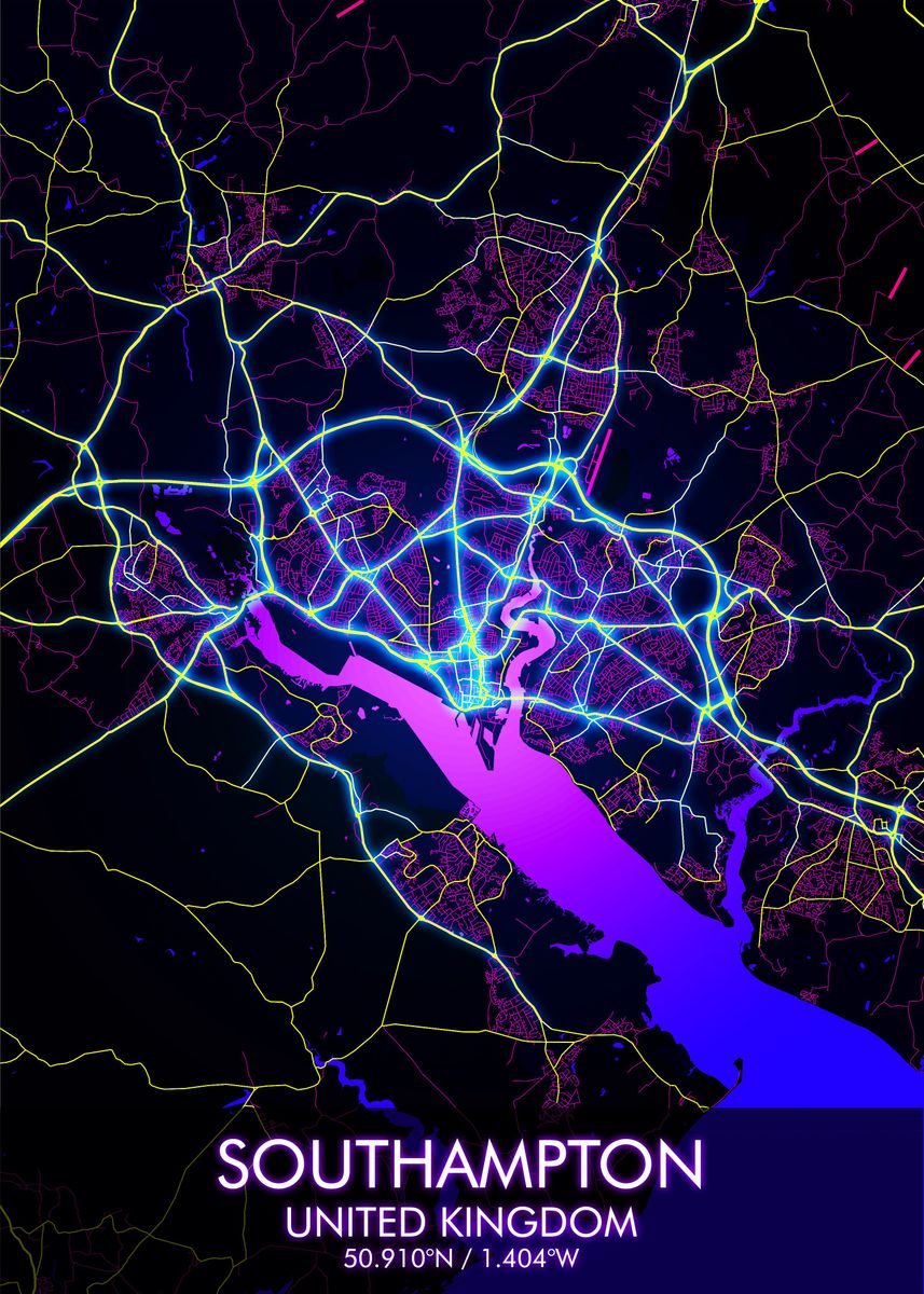 'Southampton Night City Map' Poster by Artcom Atudio | Displate