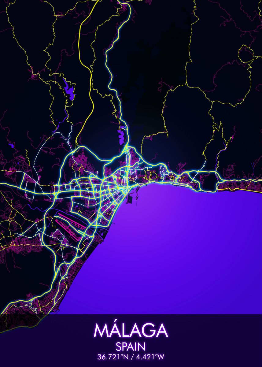 'Malaga City Map' Poster, picture, metal print, paint by Artcom Atudio ...