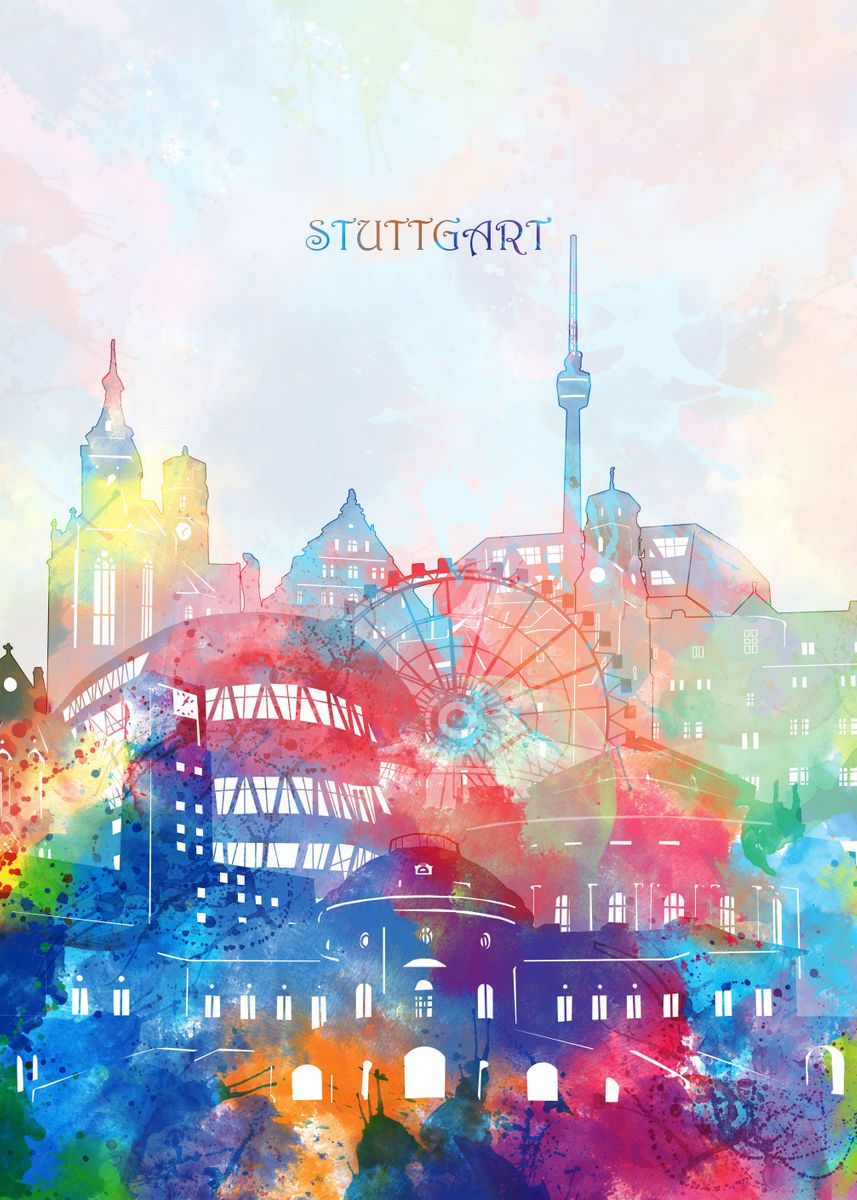 'stuttgart cityscape color' Poster, picture, metal print, paint by ...