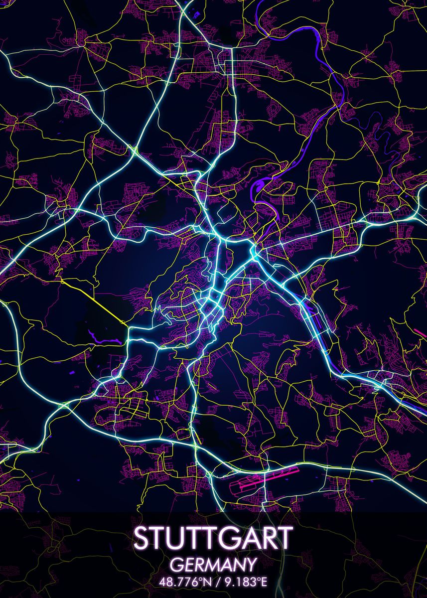 'Stuttgart Stadt Map' Poster, picture, metal print, paint by Artcom ...