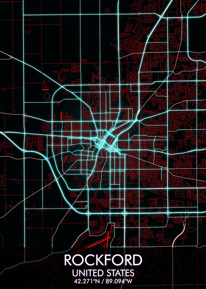 'Rockford Night City Map' Poster, picture, metal print, paint by ...