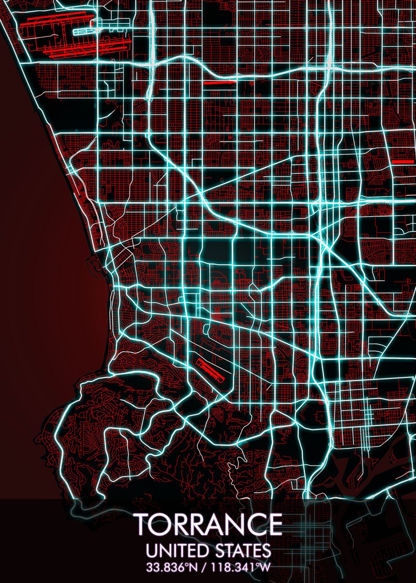 'Torrance California Map' Poster, picture, metal print, paint by ...