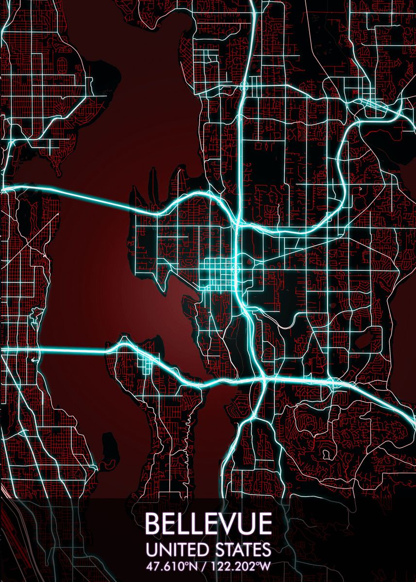 'Bellevue Washington Map' Poster, picture, metal print, paint by ...