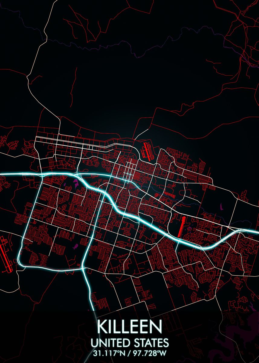 'Killeen Texas City Map' Poster, picture, metal print, paint by cuplizx ...