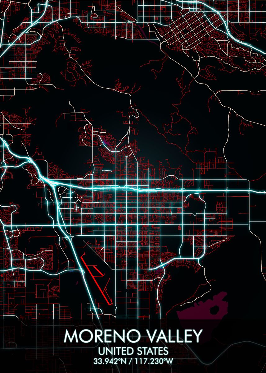 'Moreno Valley US City Map' Poster, picture, metal print, paint by ...