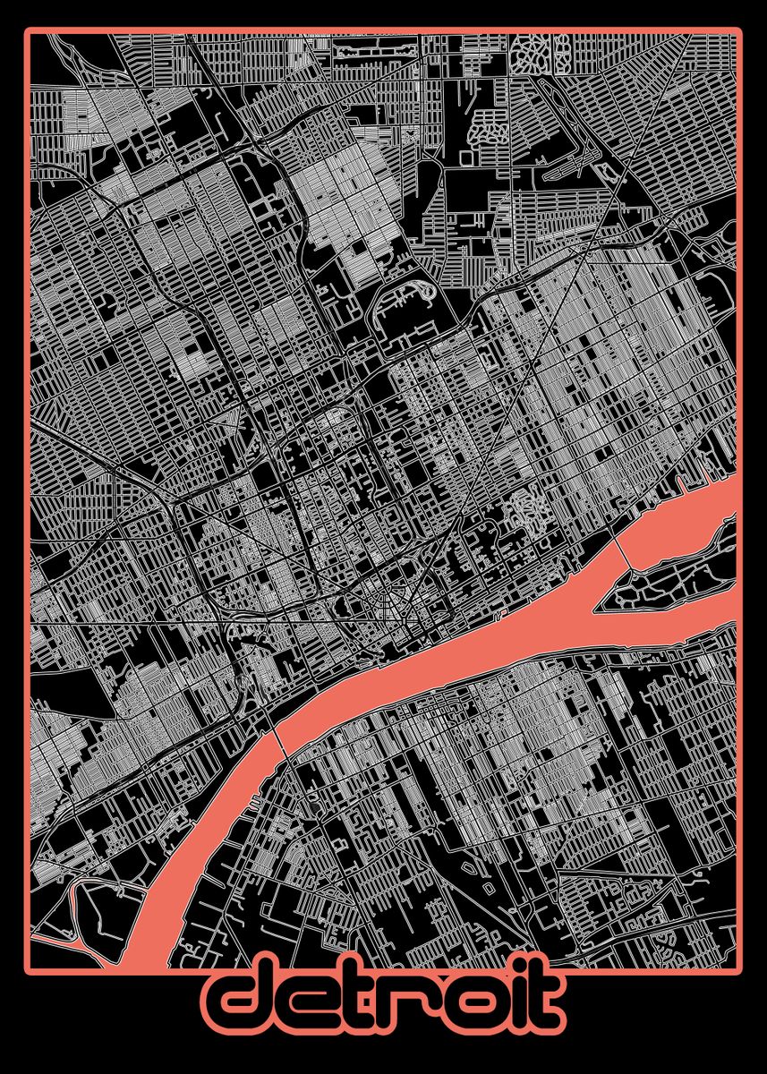 'detroit map black' Poster by Bekim Art | Displate
