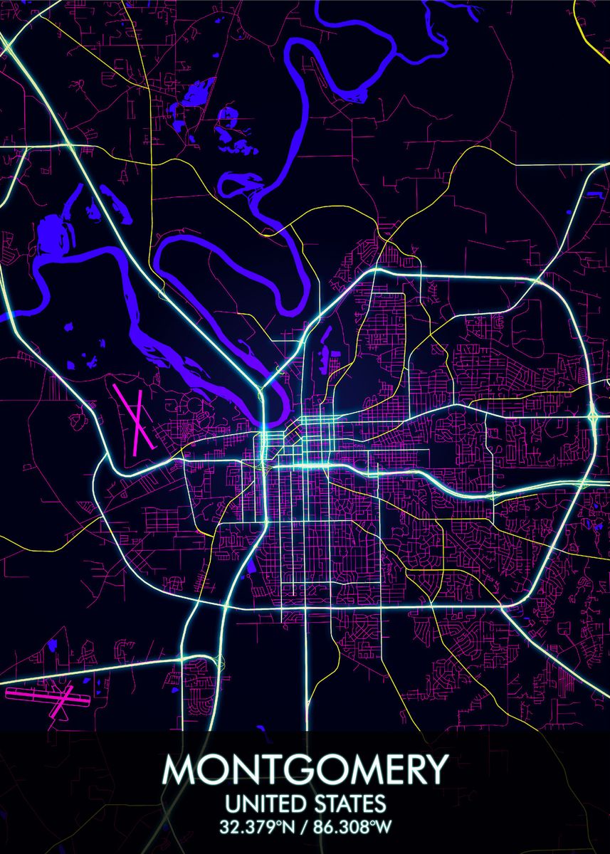 'Montgomery Alabama Map' Poster, picture, metal print, paint by Artcom ...
