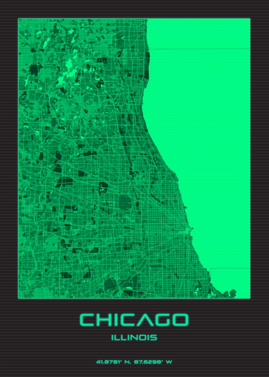 'Chicago City Synthwave Map' Poster, picture, metal print, paint by ...