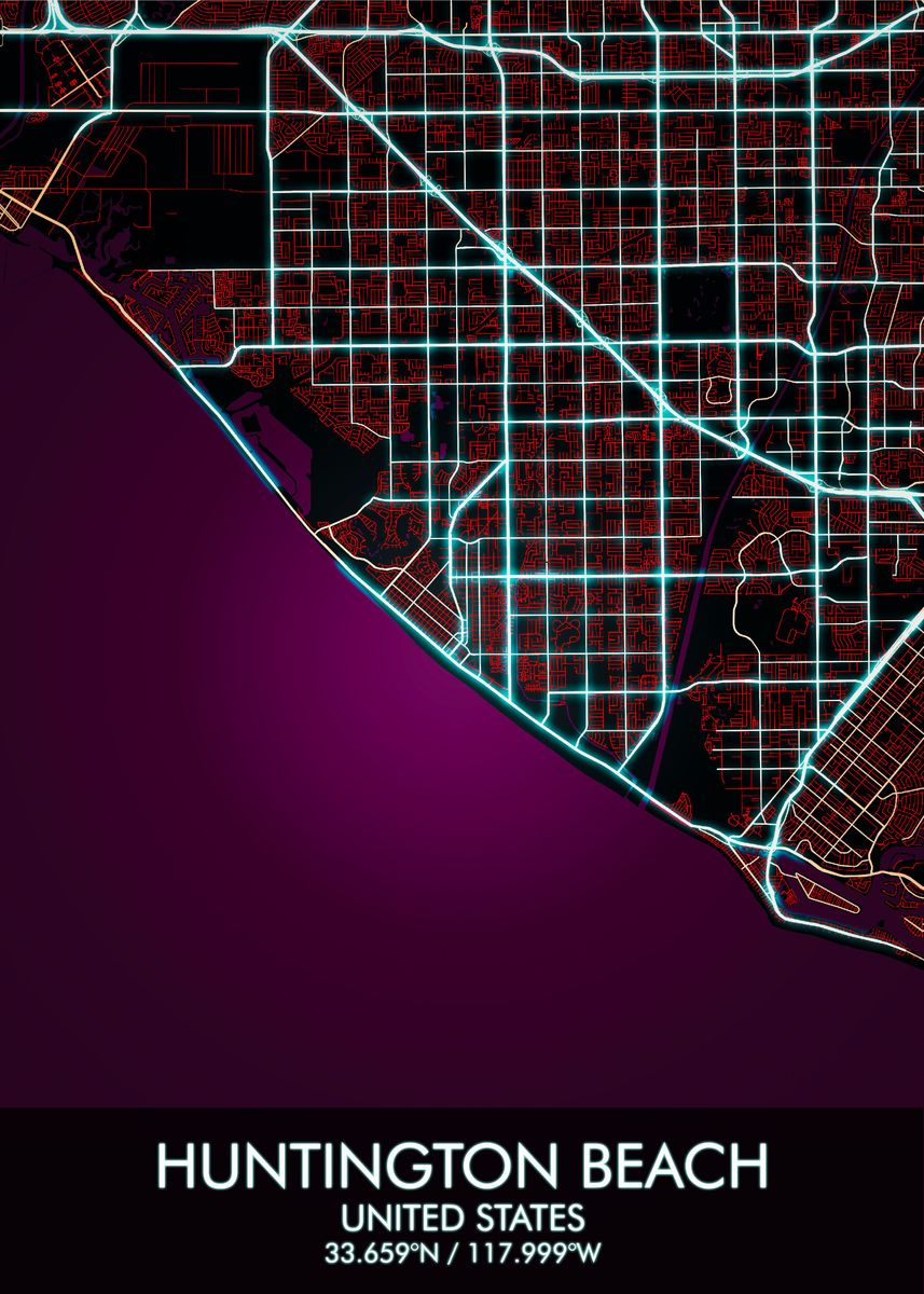 'Huntington Beach Map' Poster, picture, metal print, paint by cuplizx ...